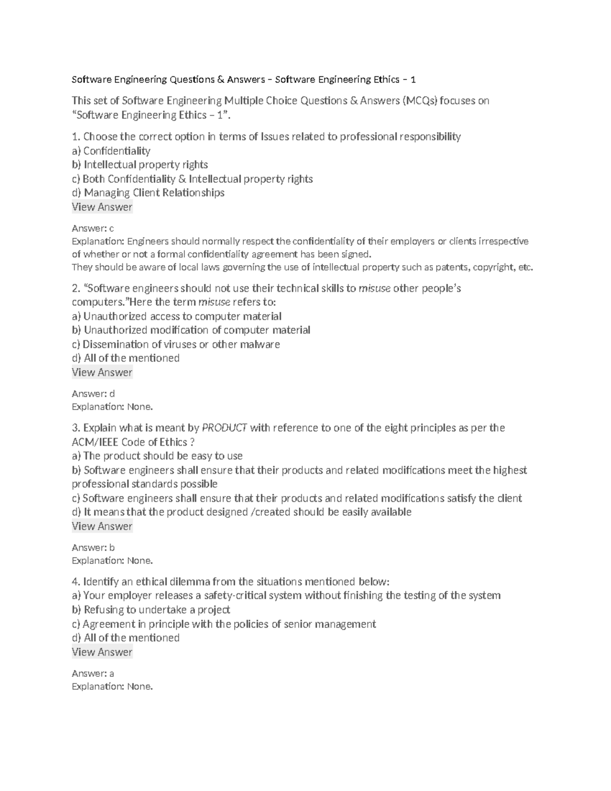 Software Engineering MCQs on Ethics and Life Cycle Models 1 - Studocu