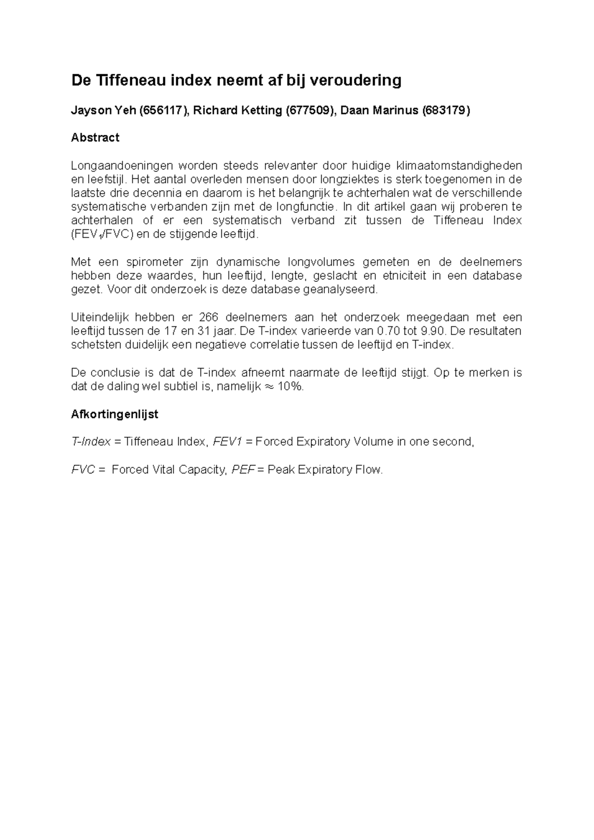 Spirometrie Verslag: De Tiffeneau Index en Leeftijd Correlatie ...