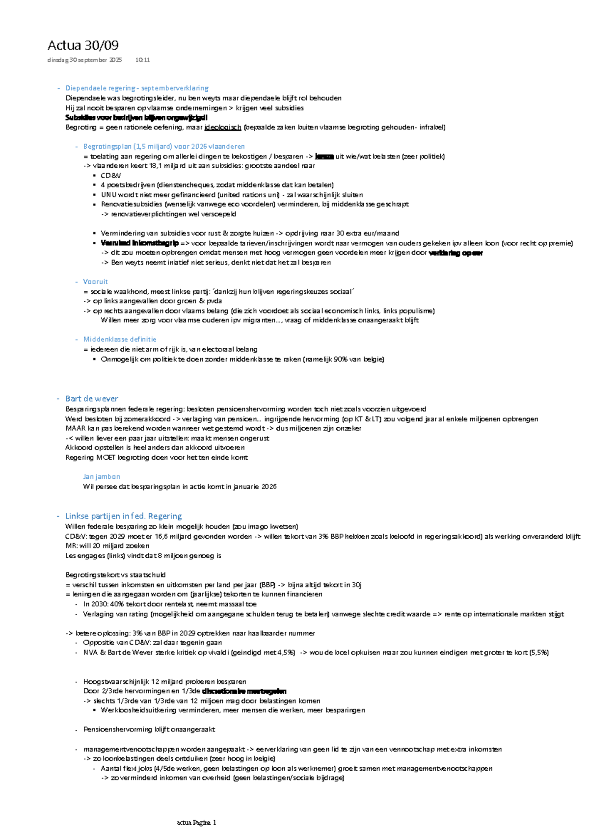 Actua 30/09/2025: Analyse van de Vlaamse Begrotingsverklaring - Studocu