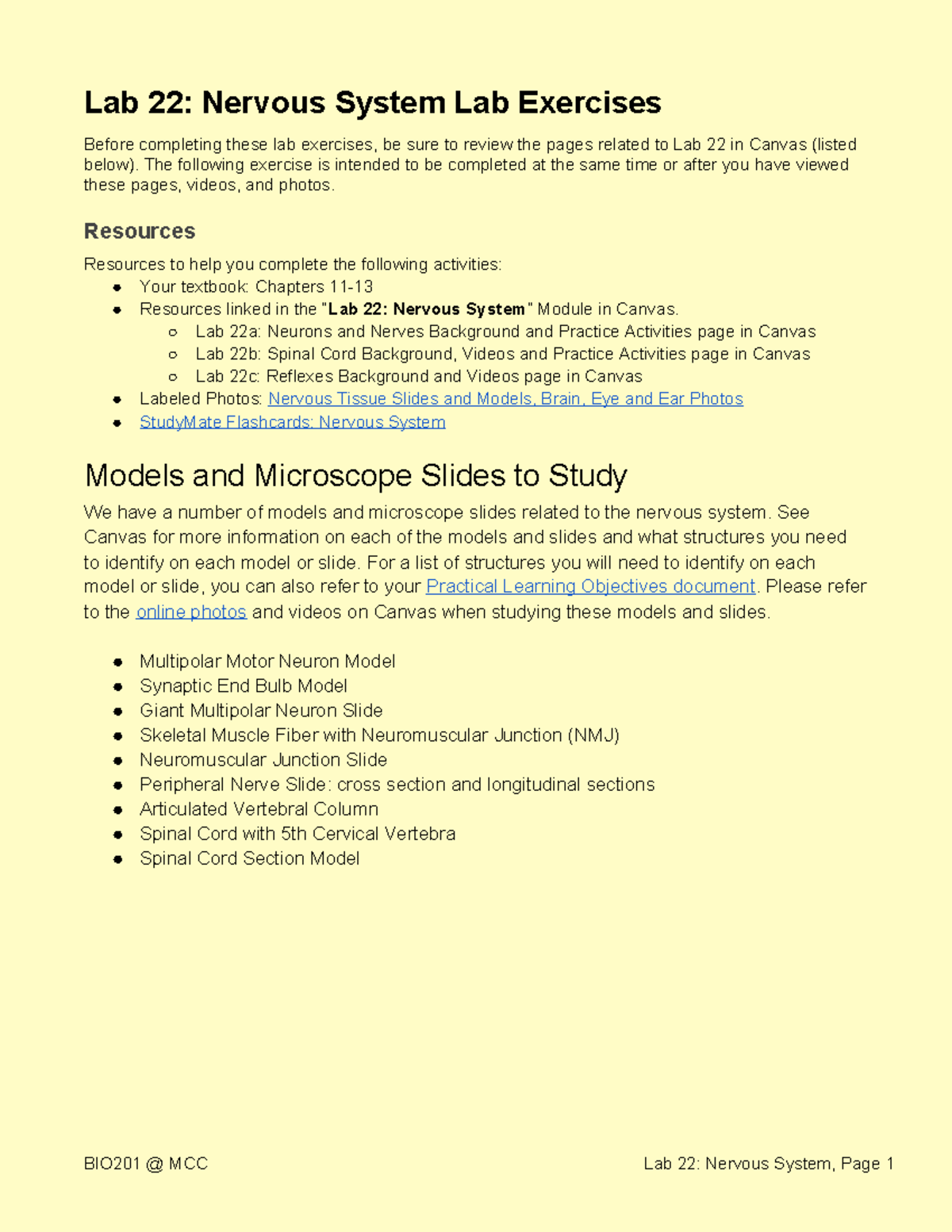 BIO201 Lab 22: Nervous System Exercises and Review Questions - Studocu