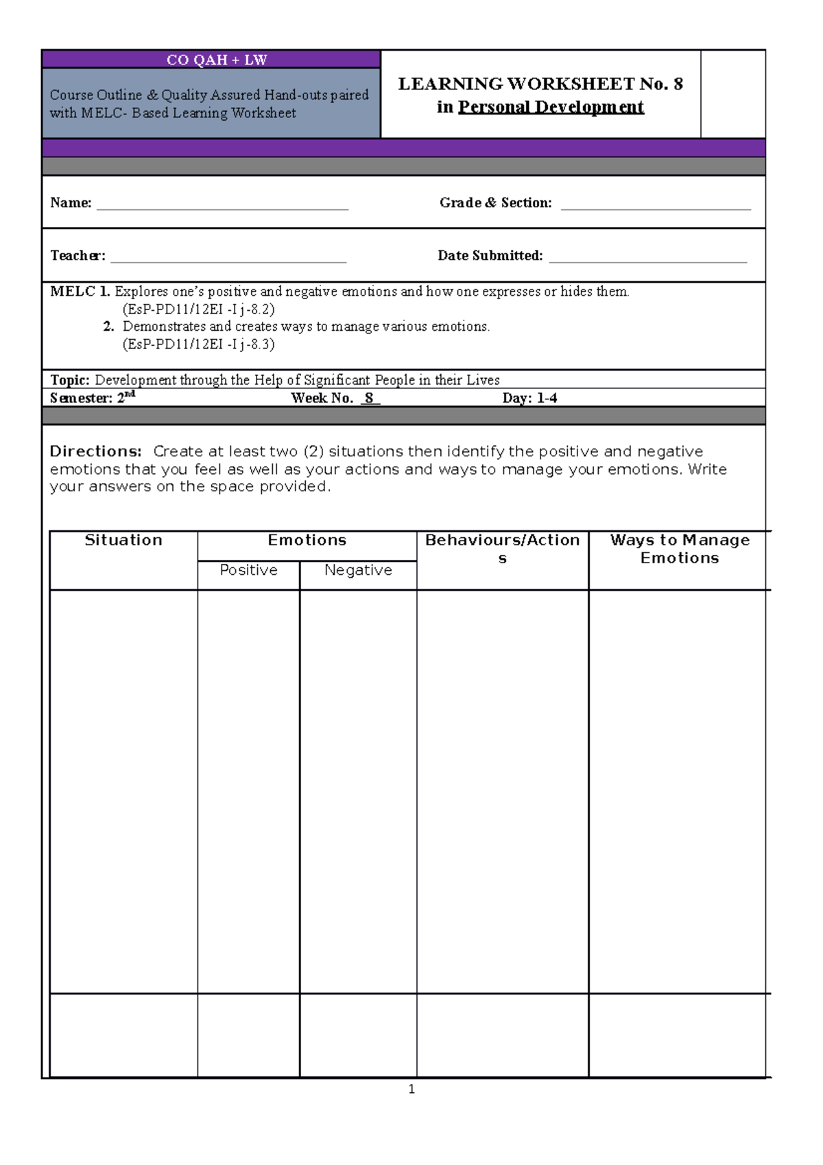 EsP-PD11/12EI -I j-8: Week 8 Personal Development Learning Worksheet ...