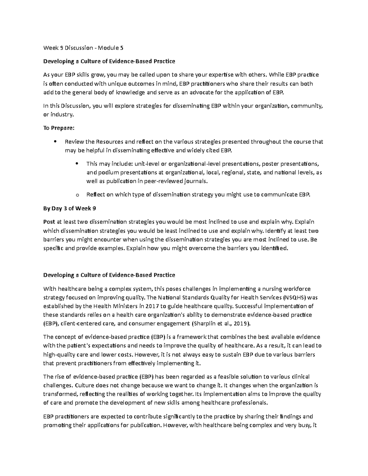 Week 9 Discussion: Strategies for EBP Dissemination in Nursing - Studocu