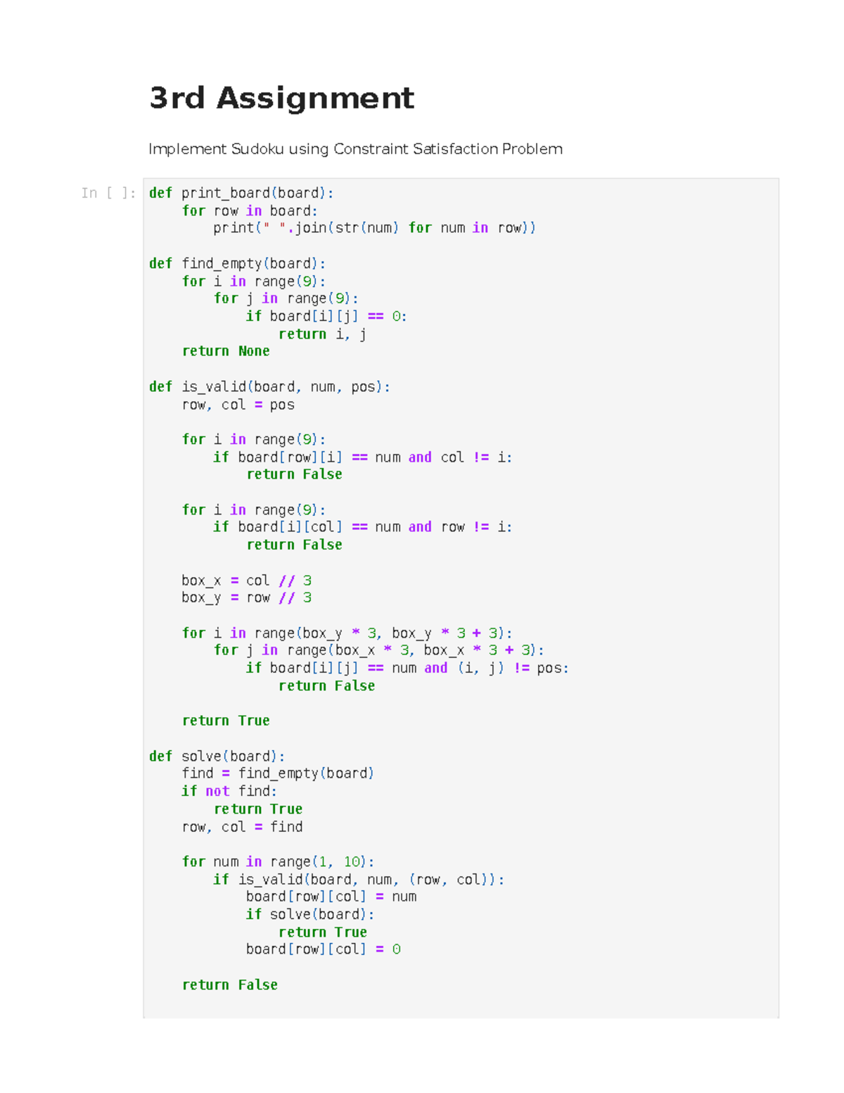 3rd Assignment: Implementing Sudoku with CSP (Aimllab 31) - Studocu