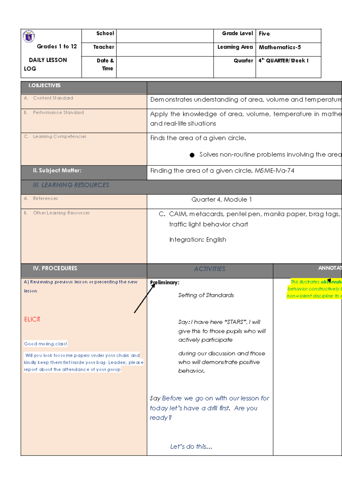 Grade 4 Math Lesson Plan: Finding the Area of a Circle - Studocu