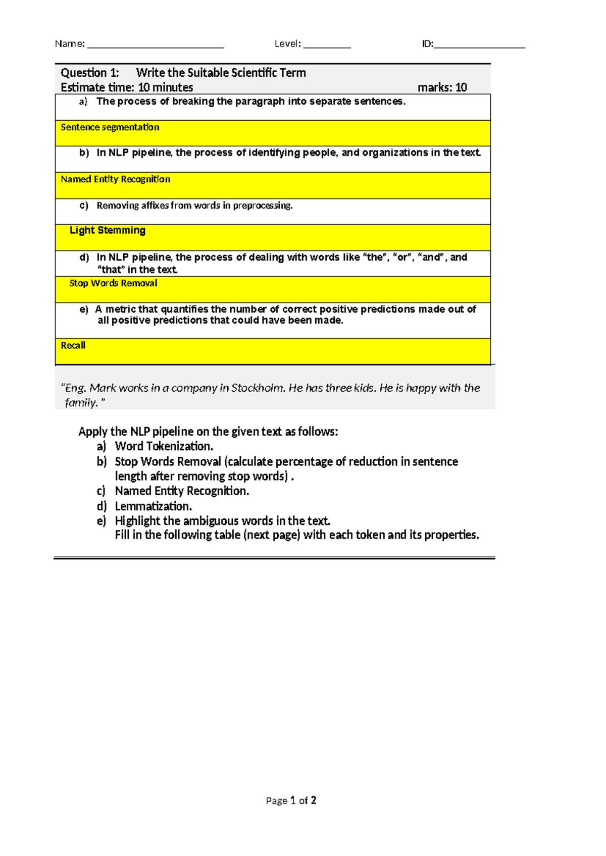 [NLP'23] Midterm Exam - MA - Questions, Solutions & NLP Concepts - Studocu