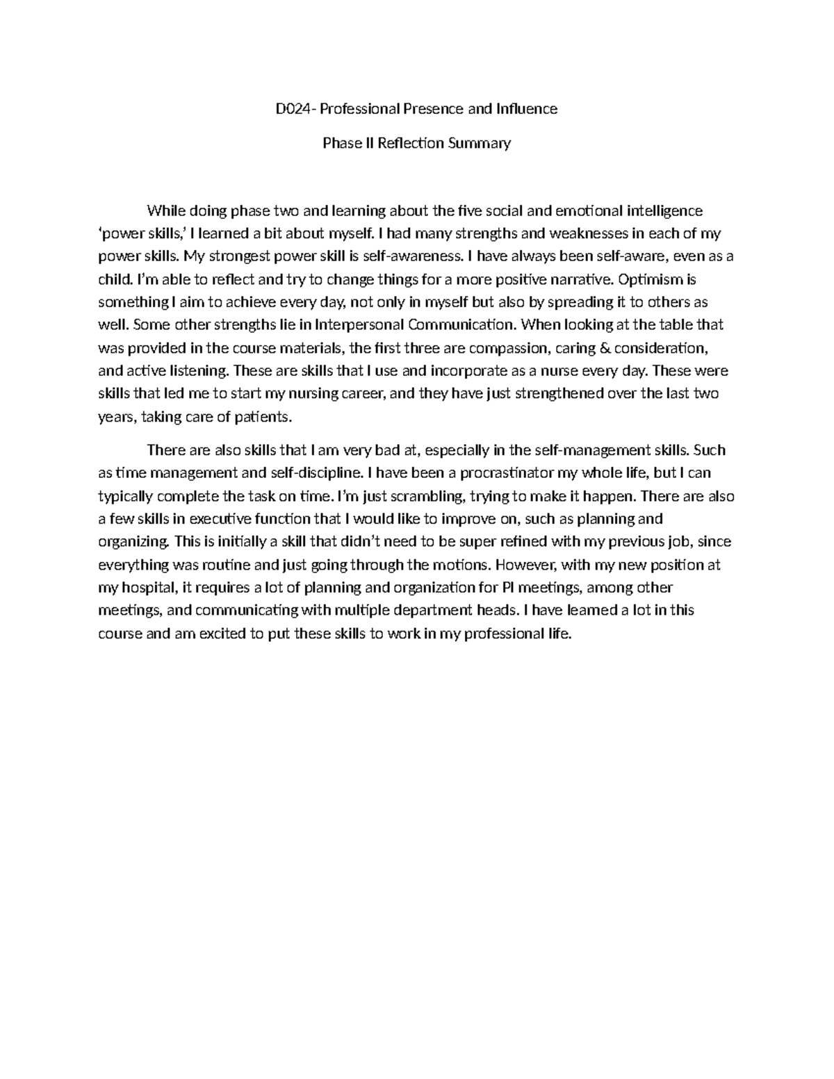 NUR 301: Professional Presence & Influence Phase II Reflection Summary - Studocu