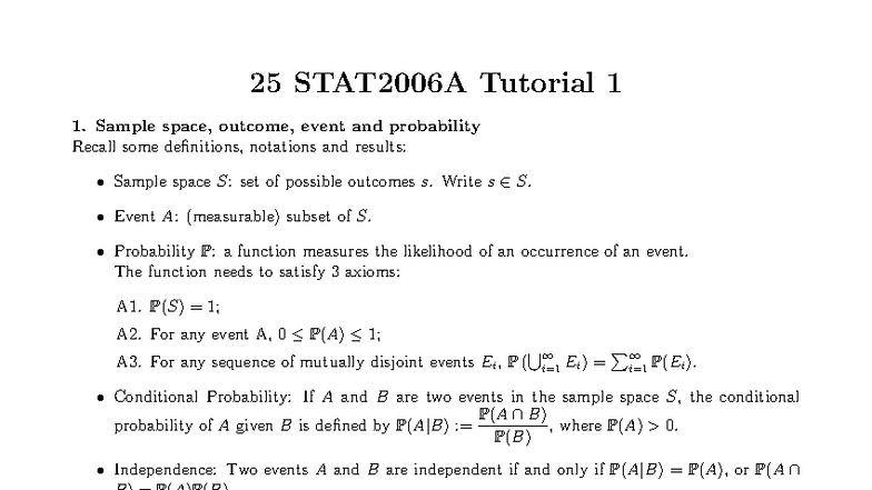 STAT2006A Tutorial 1: Sample Space, Events, and Probability Concepts ...