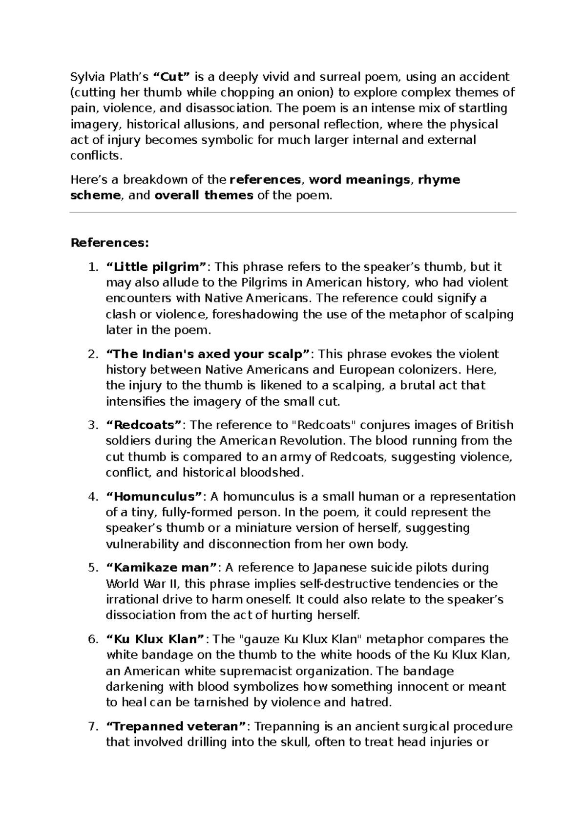 SYL 301: Analysis of Themes in Sylvia Plath’s Poem “Cut” - Studeersnel