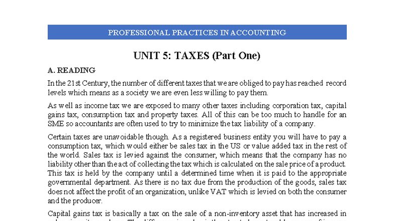 UNIT 5: TAXES - Professional Practices in Accounting (Part One) - Studocu