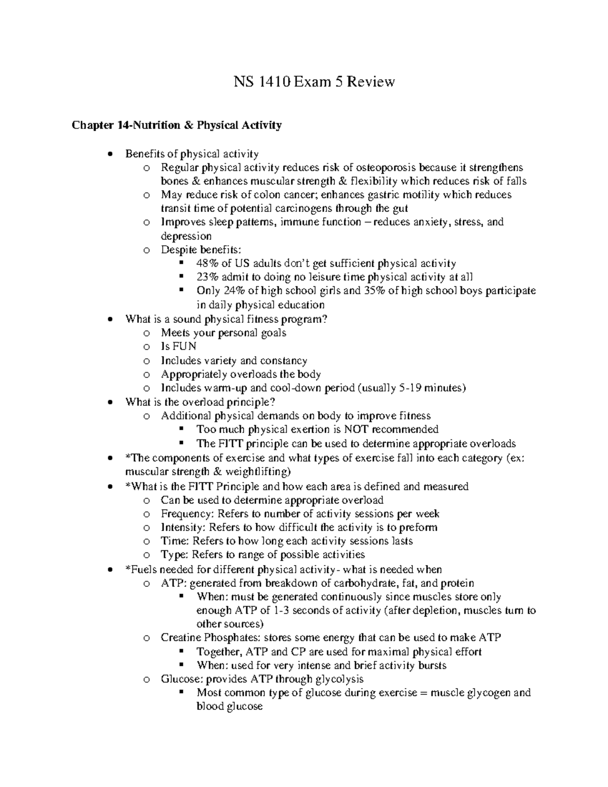 NS 1410 Exam 5 Review: Nutrition & Physical Activity Insights - Studocu