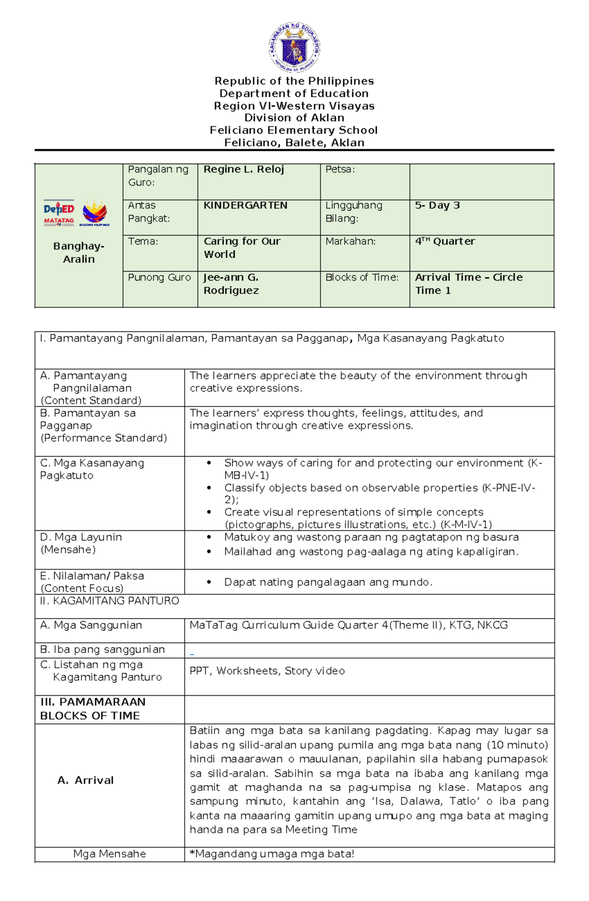 COT-Q4-WEEK 5 DAY 3- Matatag - Republic of the Philippines Department ...