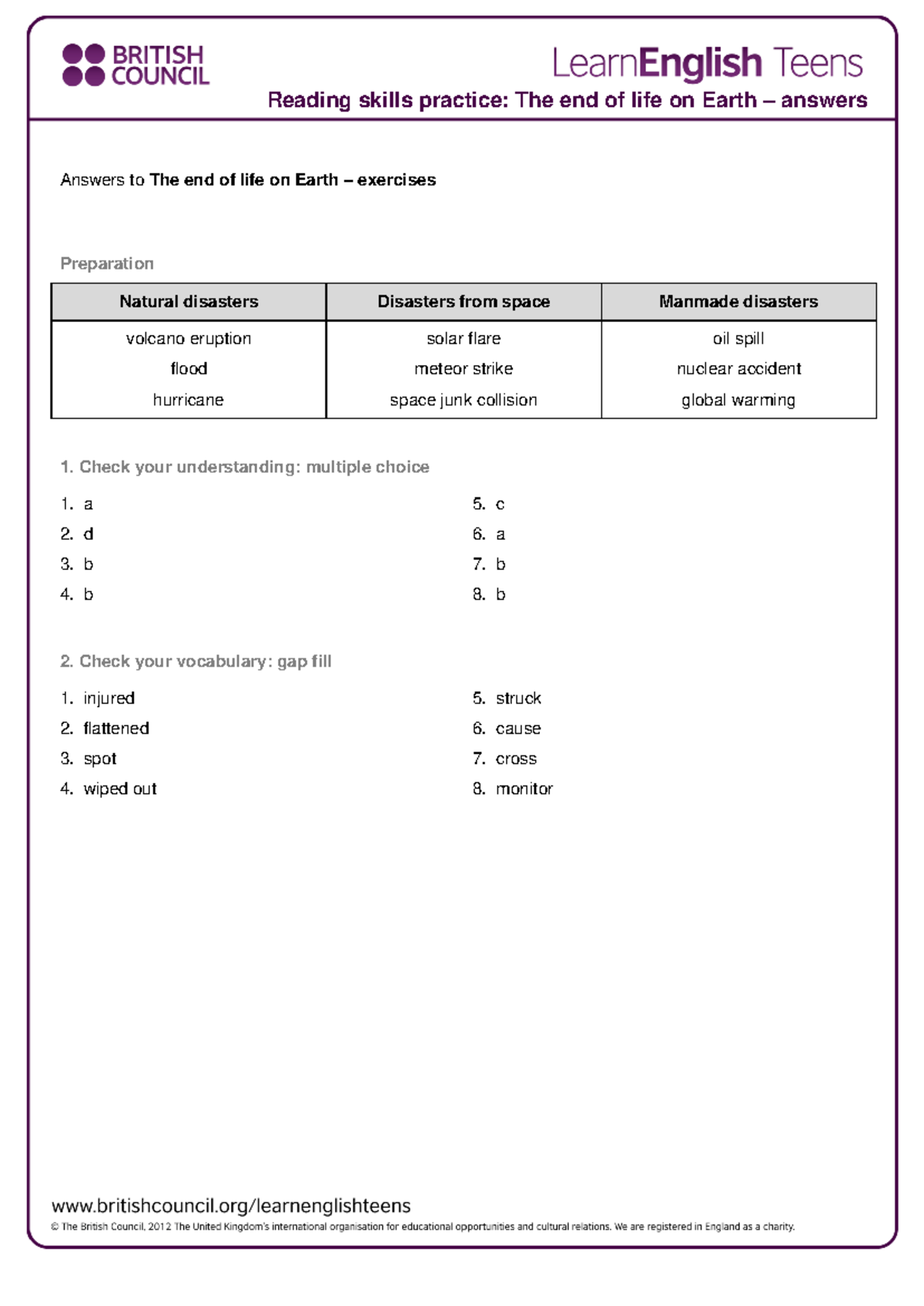 The end of life on earth - answers - Reading skills practice: The end ...