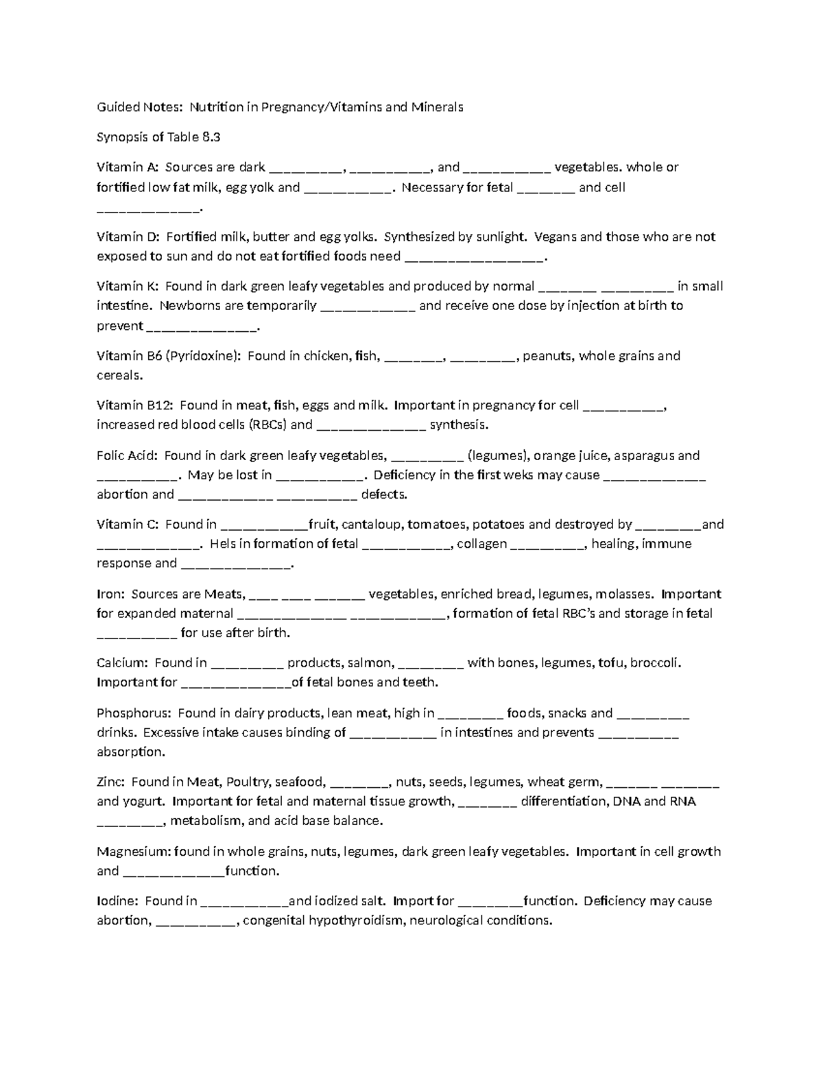 Guided Notes: Vitamins & Minerals in Pregnancy (NUTR 101) - Studocu