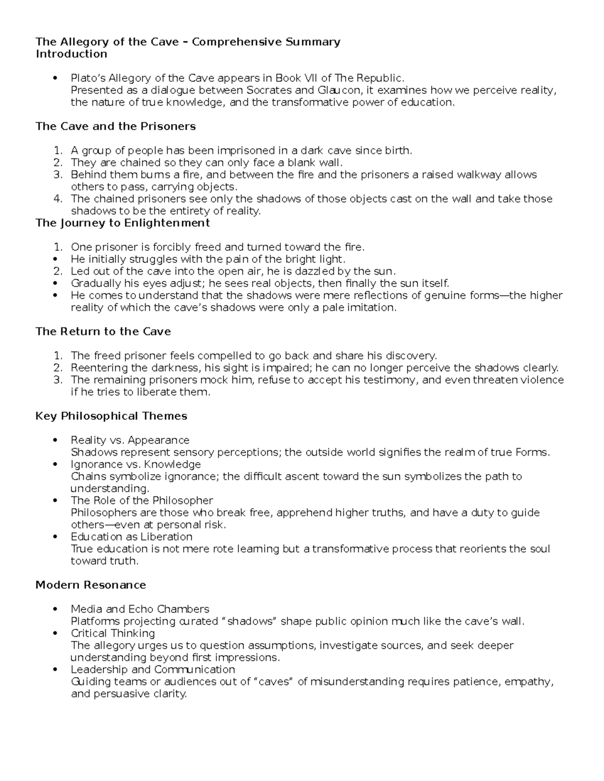 PHIL 101: The Allegory of the Cave - Comprehensive Summary - Studocu