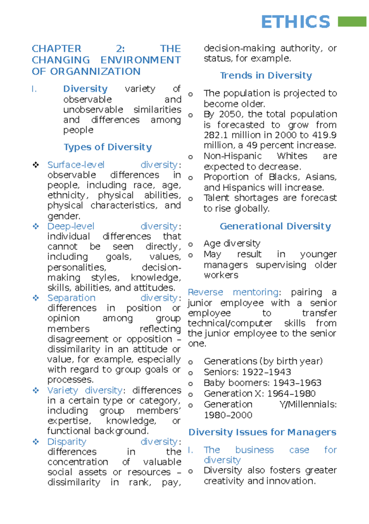 BME 101: Ethics in Organizational Diversity and Change - Chapter 2 ...