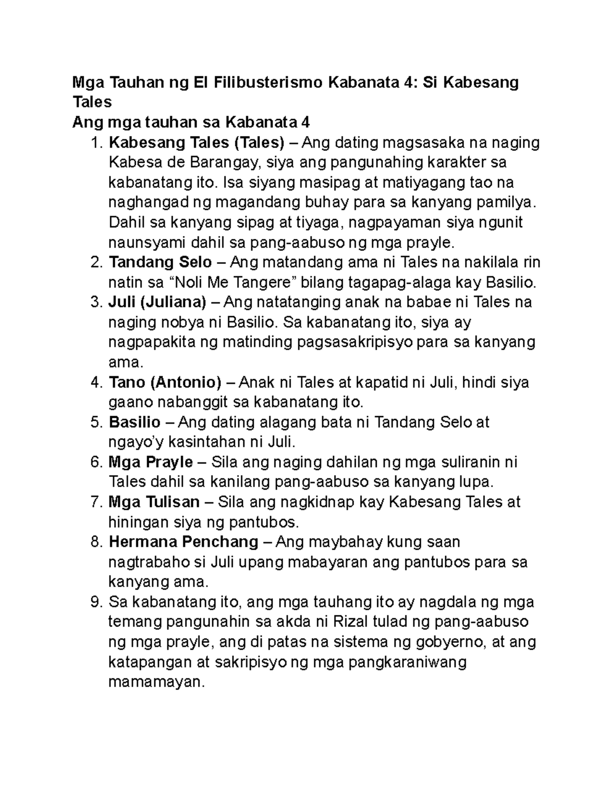 El Filibusterismo Kabanata 4: Mga Tauhan at Aral na Impormasyon - Studocu