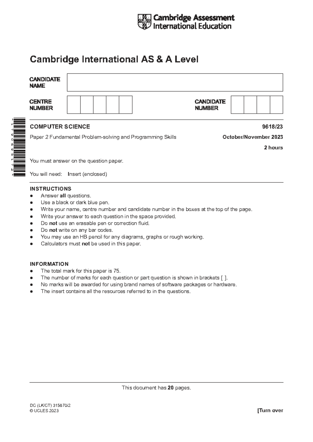 Cambridge International AS A Level 9618 W23 Computer Science Paper 2 Past Exam - Studocu