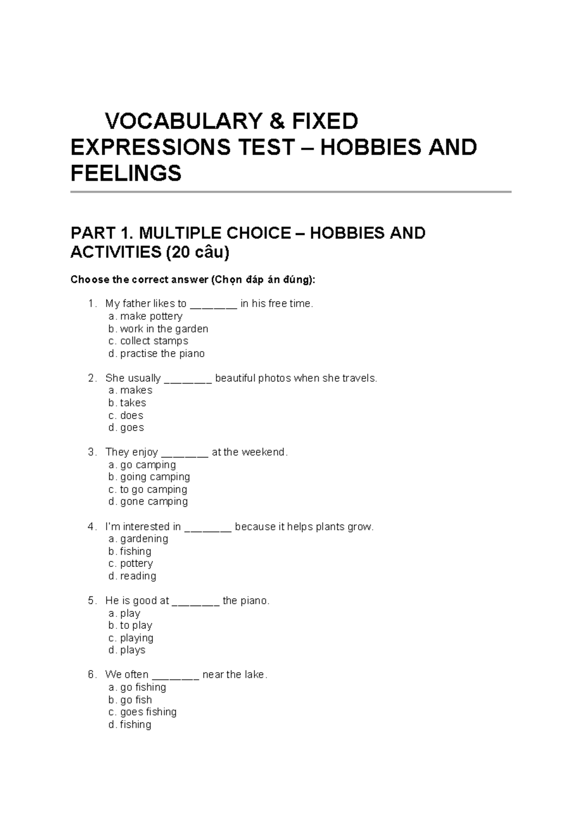 VOCABULARY TEST: FIXED EXPRESSIONS ON HOBBIES & FEELINGS (Part 1) - Studocu