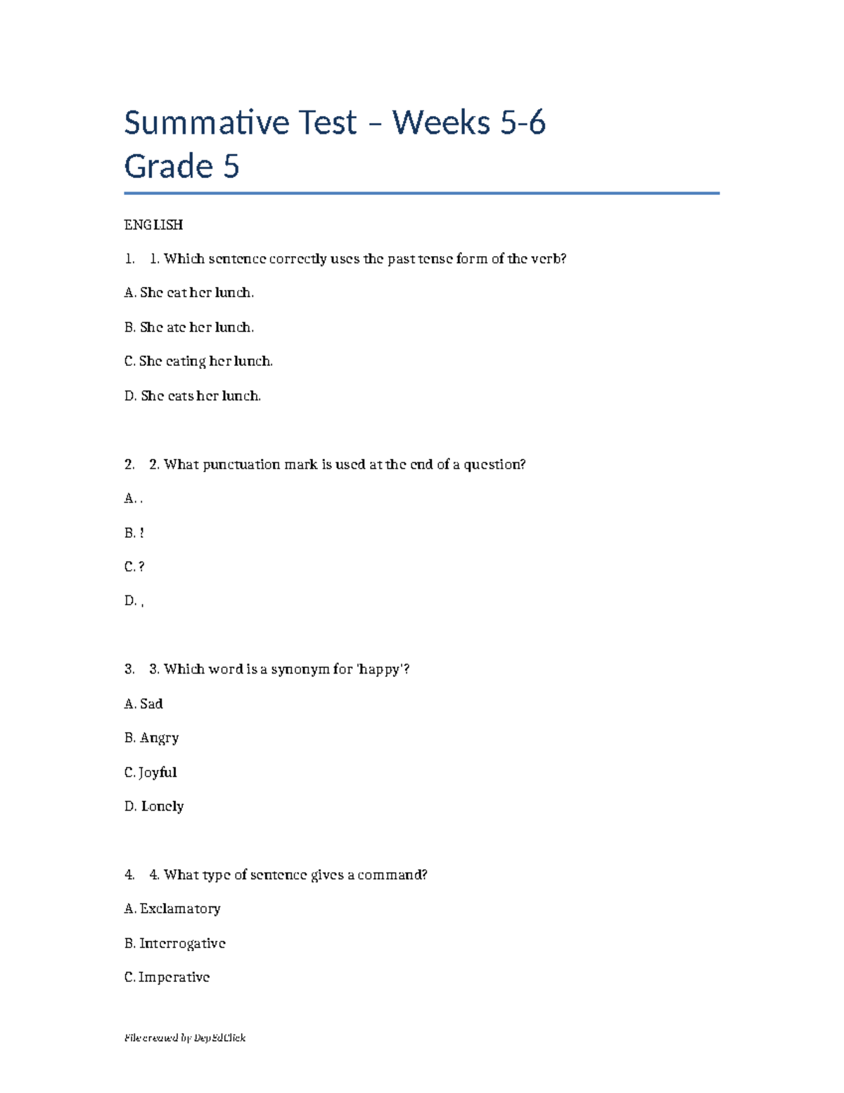 Grade 5 ENGLISH Summative Test Q1 ST3 Part 2 Answers - Studocu