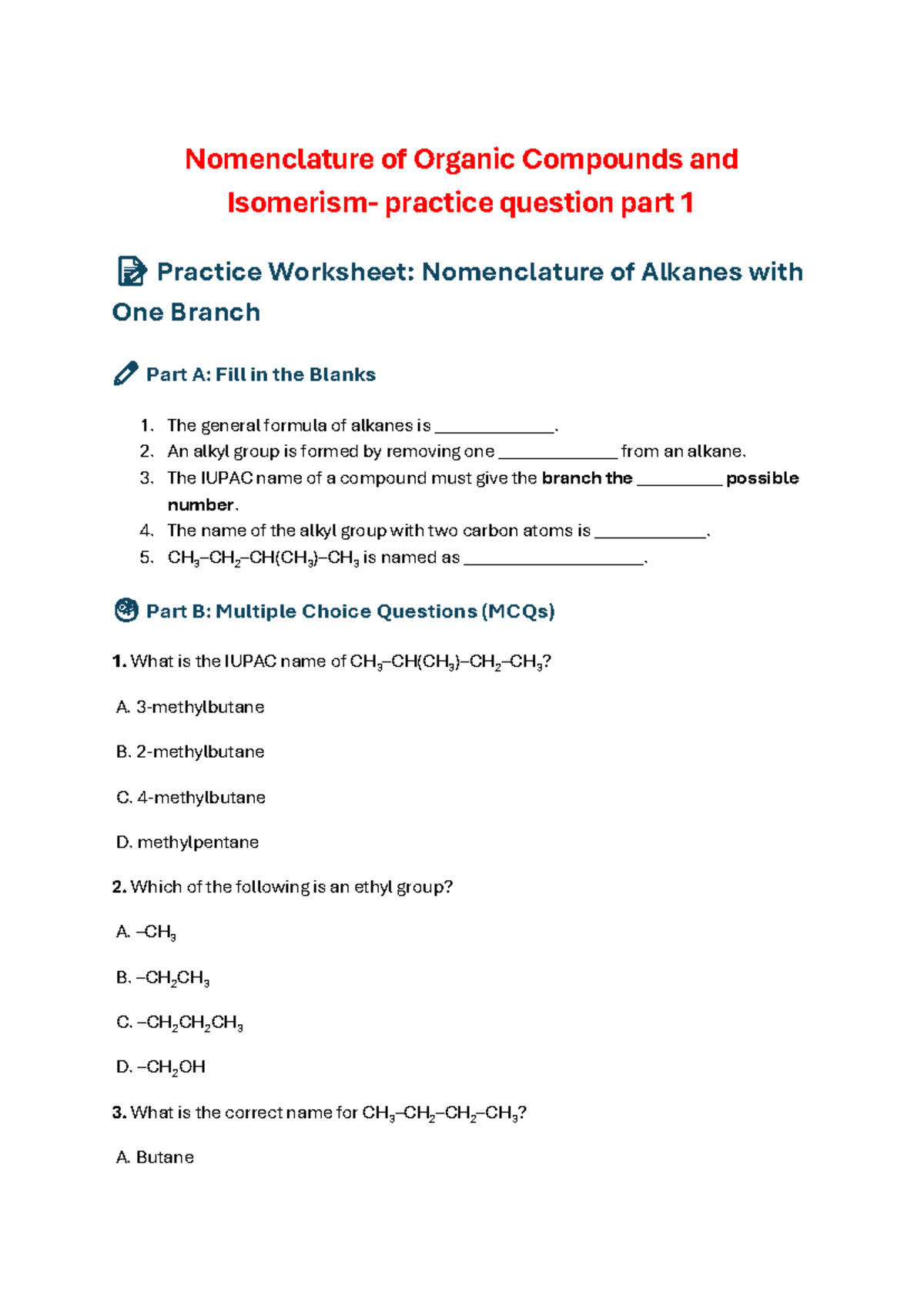 Nomenclature of Organic Compounds: Practice Worksheet for Alkanes - Studocu