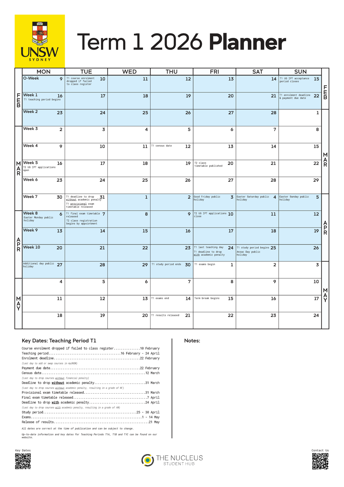 2026 T1 Student Planner: Key Dates & Important Deadlines - Studocu