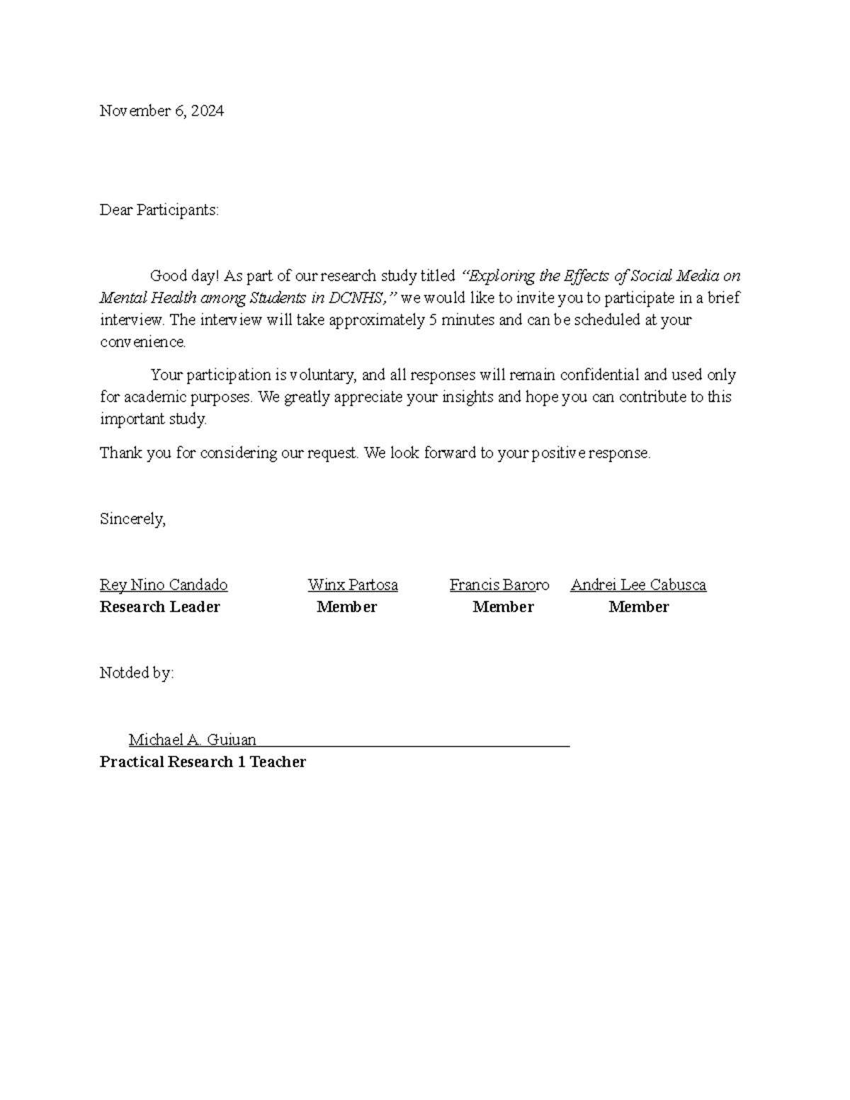 FOR Respondentsasa - November 6, 2024 Dear Participants: Good day! As ...
