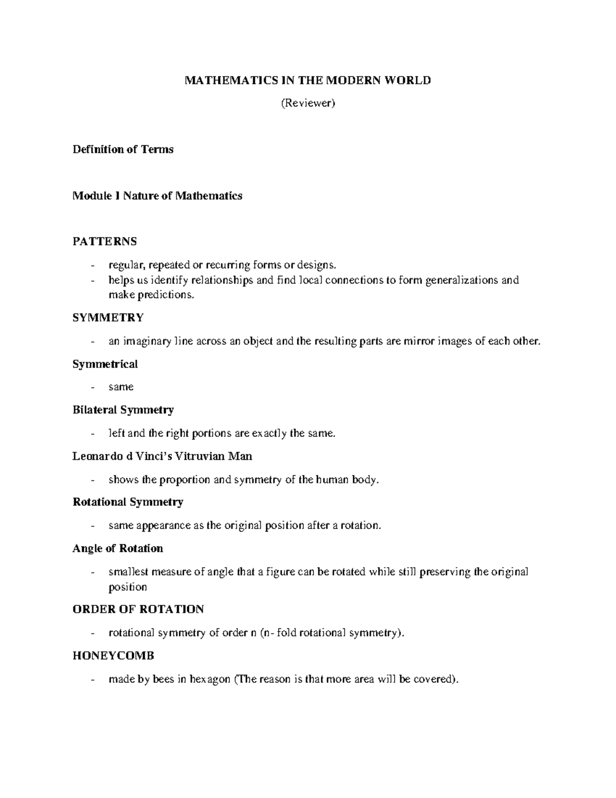 Mathematics in the Modern World: Midterm Review Notes - Studocu