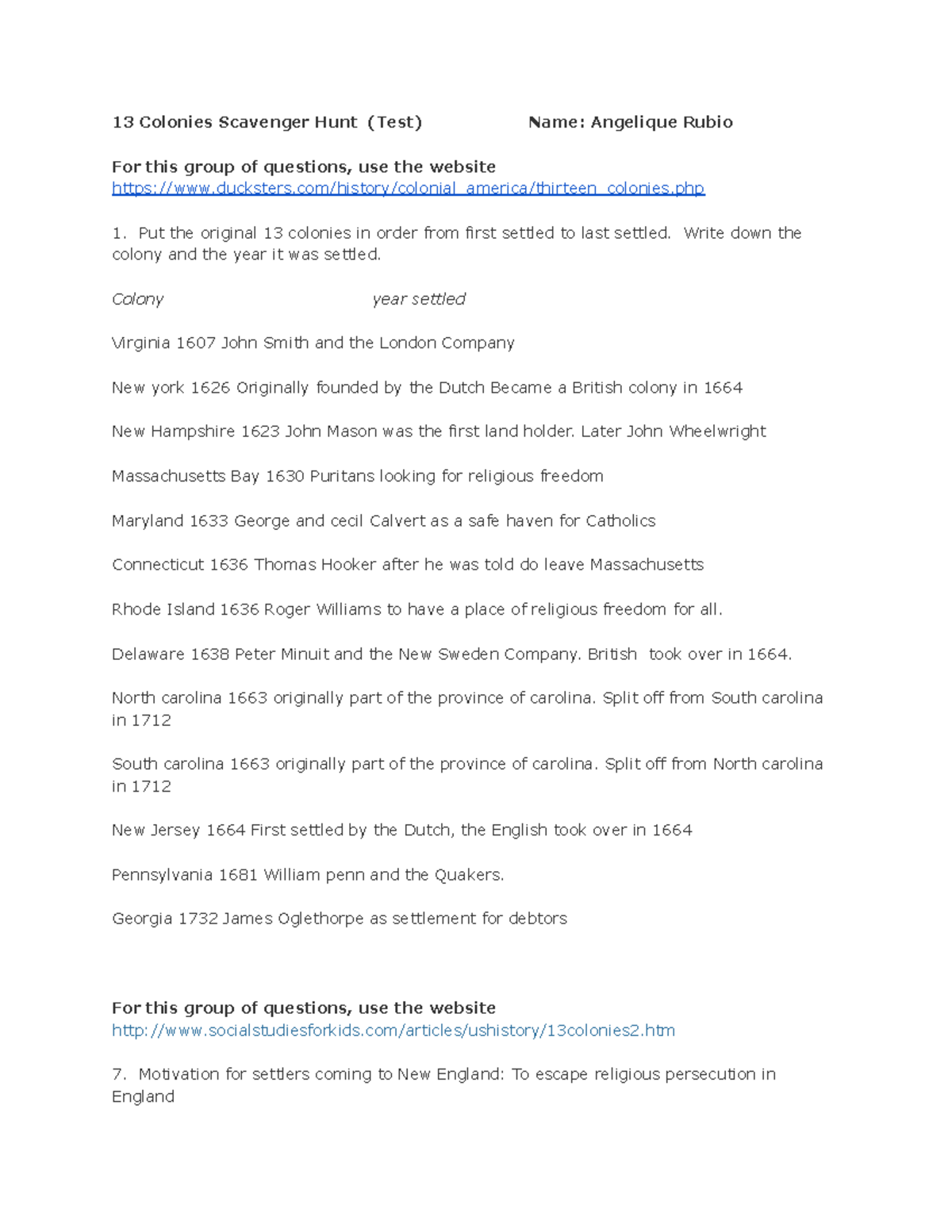 13 colonies scavenger hunt (test) - webquest notes - Studocu