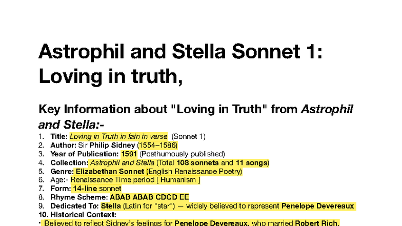 Astrophil and Stella Sonnet 1: Key Insights and Analysis - Studocu