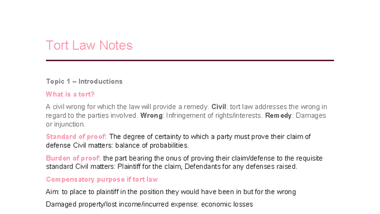 Tort Law Notes (LAW101) - Introduction to Torts and Key Concepts - Studocu