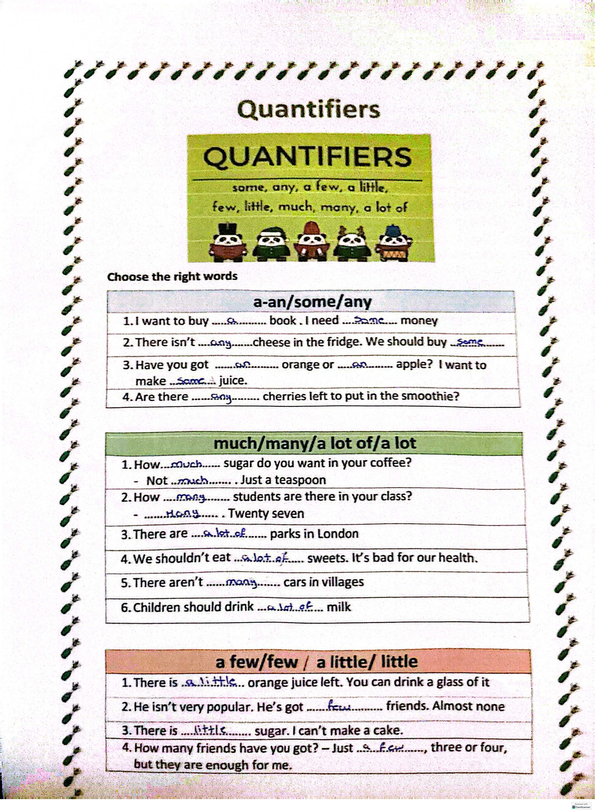 Quantifiers Completion Task: Some, Any, Few, Little, Much, Many - Studocu
