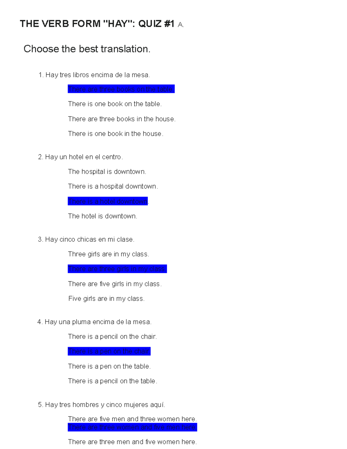 Hay Grammar Quiz #1 - Spanish Translation Practice - Studocu