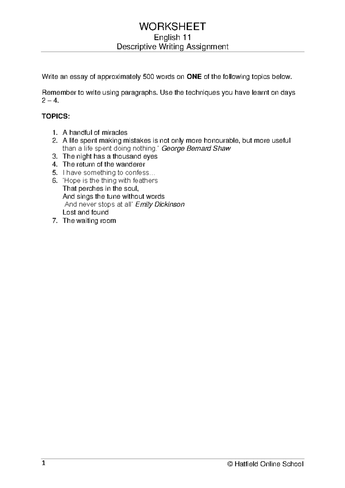English 11 Descriptive Writing Assignment - Week 1 Worksheet - Studocu