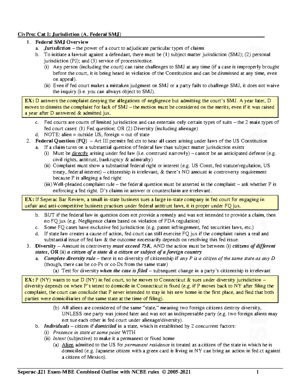 CivPro Outline: Jurisdiction Concepts for Seperac Bar Review J21 - Studocu