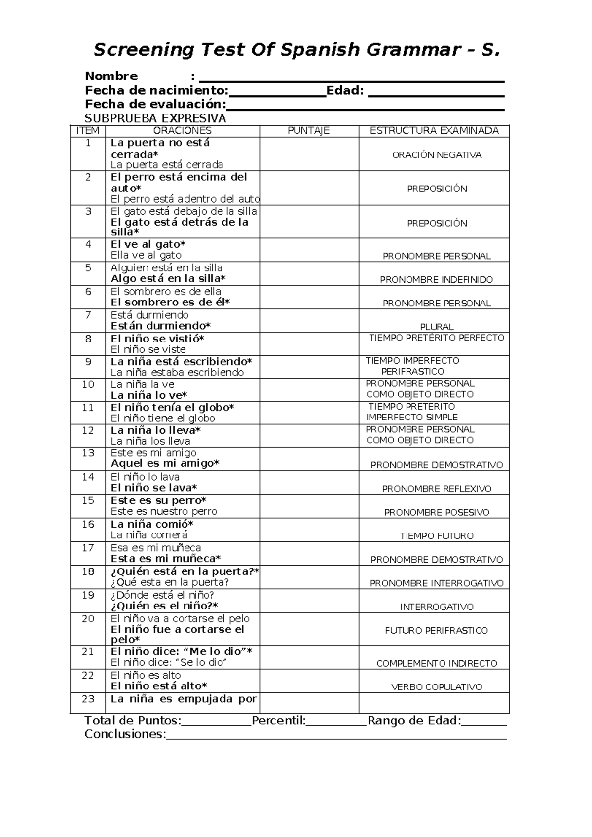 Protocolo STSG: Evaluación de Subpruebas Expresivas en Niños - Studocu