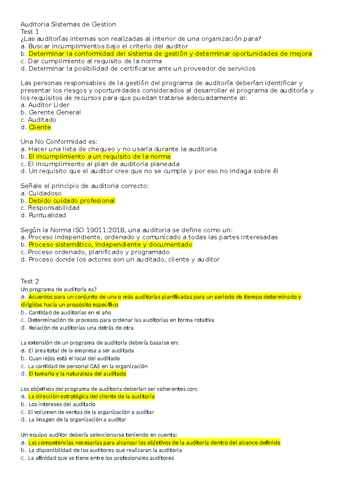 Auditoría de Sistemas de Gestión - Test 1 y 2 - Studocu