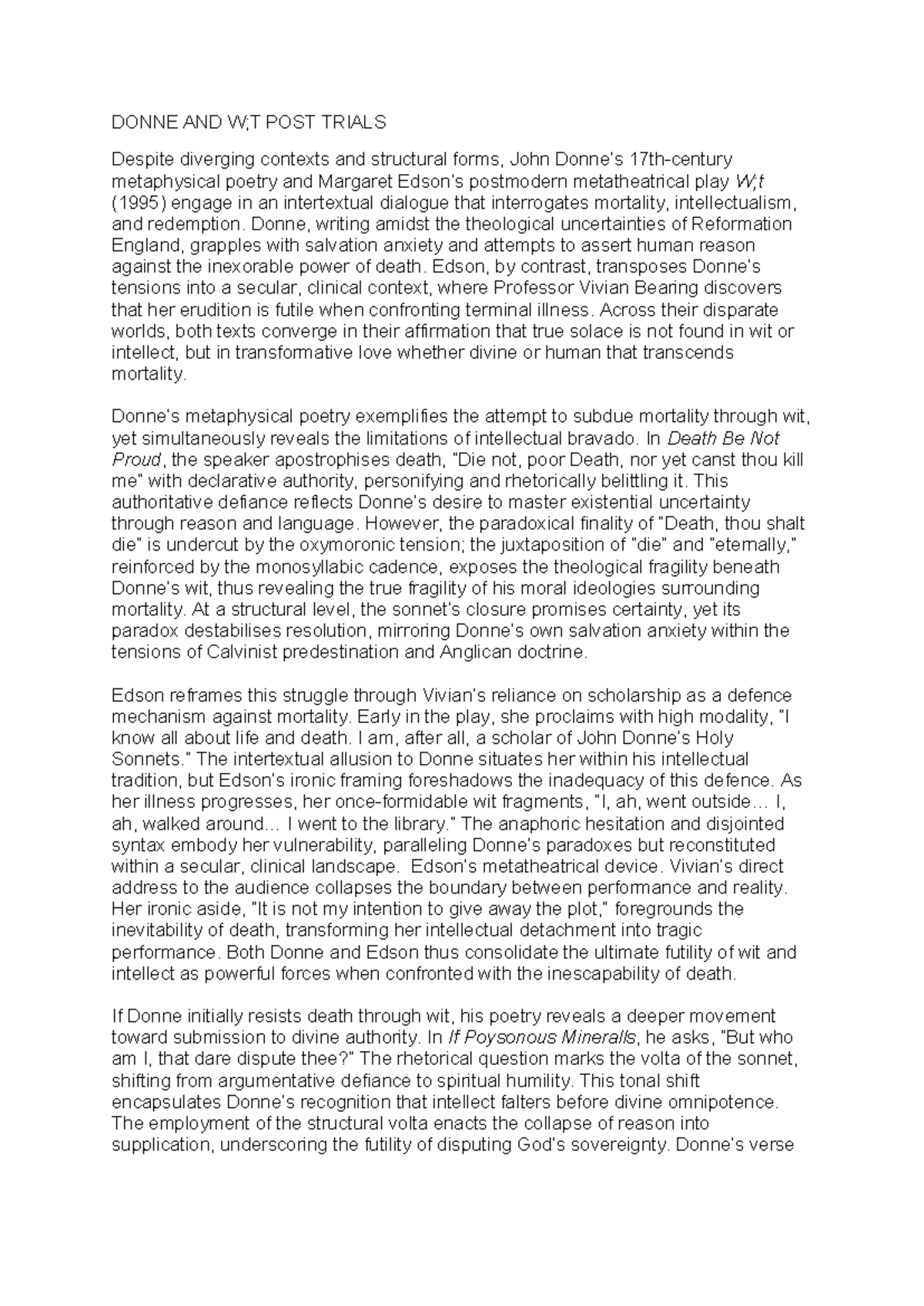 Donne and Edson: Wit and Mortality in Metaphysical Poetry and Play ...