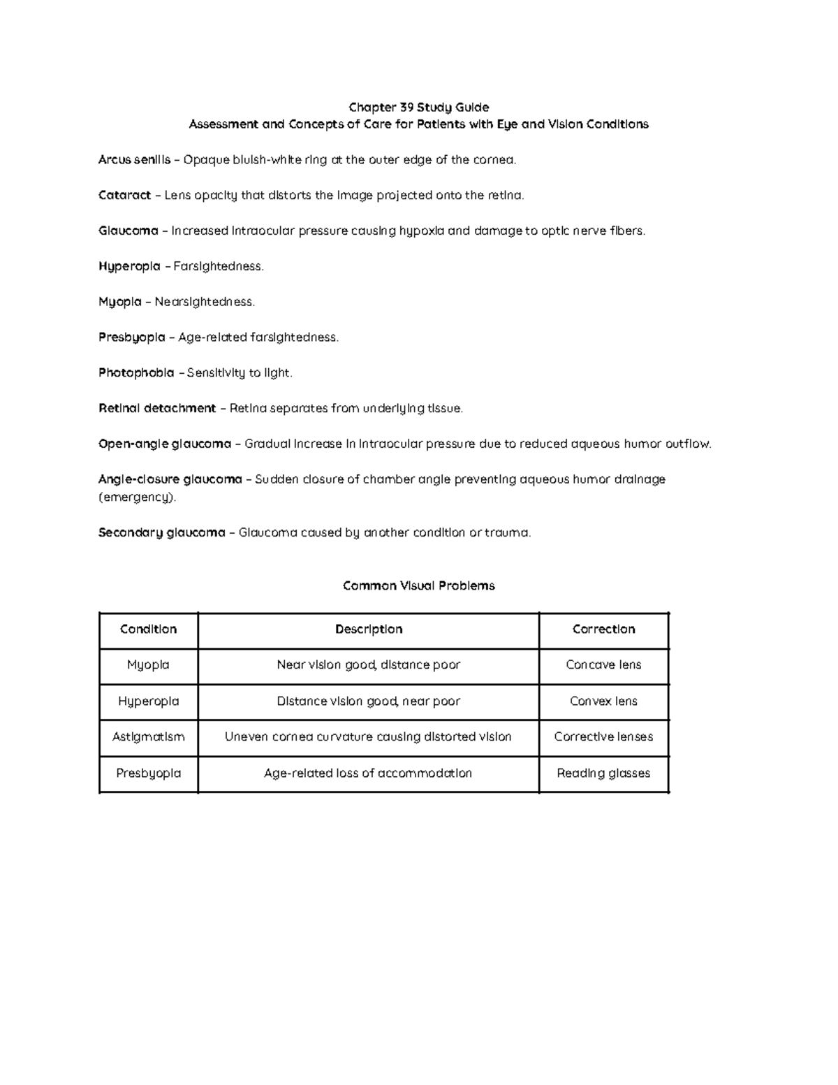 Chapter 39 Study Guide: Eye and Vision Conditions - Studocu