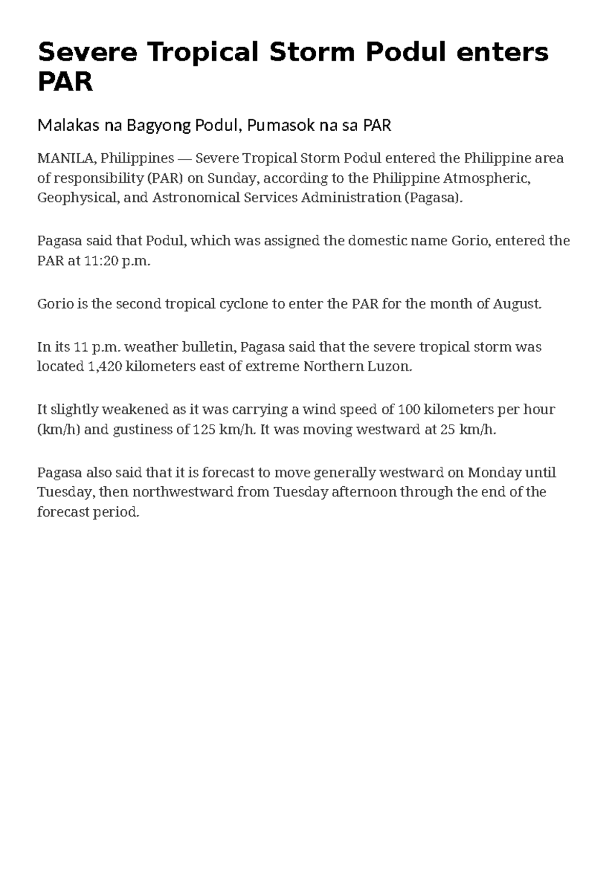 Severe Tropical Storm Podul (Gorio) Enters PAR - August Update - Studocu
