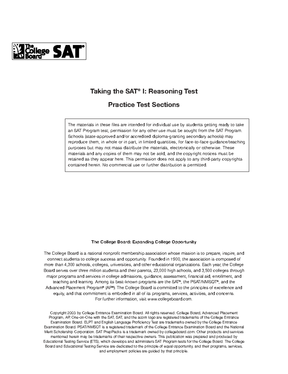 SAT I: Reasoning Test Practice Test Sections (2003) - Studocu
