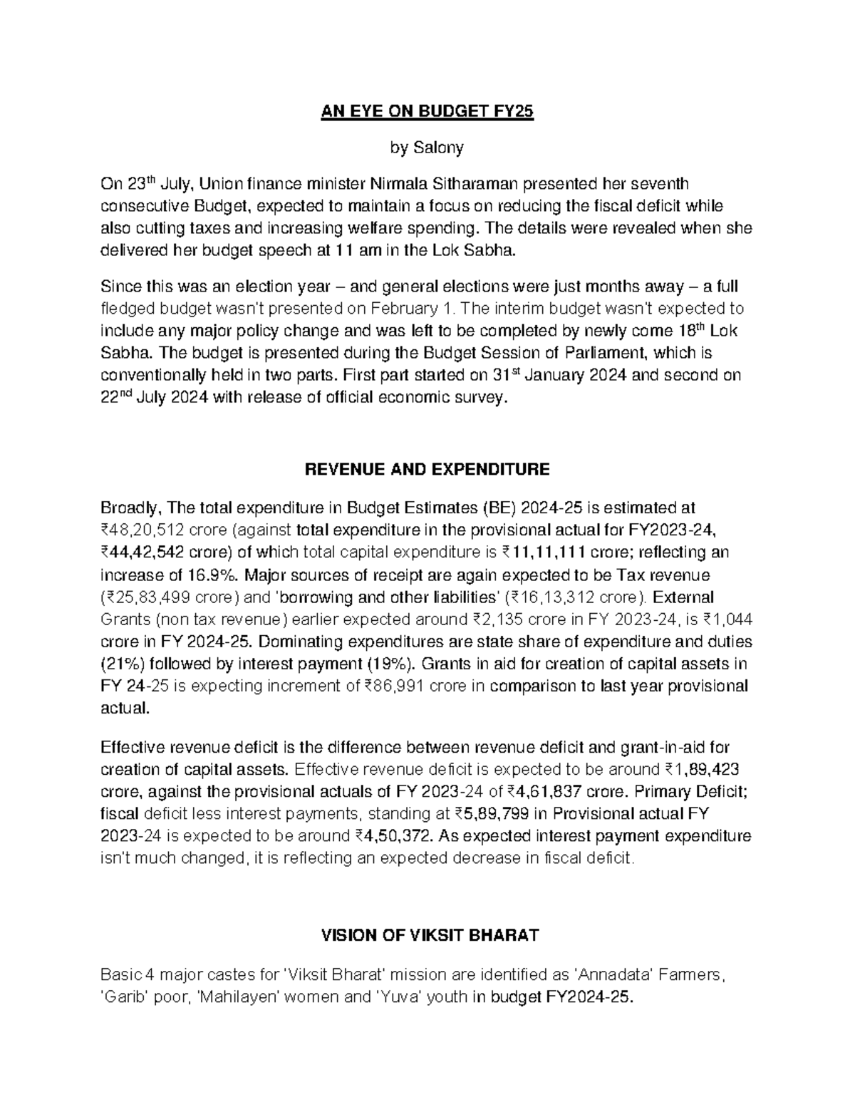 Budget FY25 - AN EYE ON BUDGET FY by Salony On 2 3 th July, Union ...
