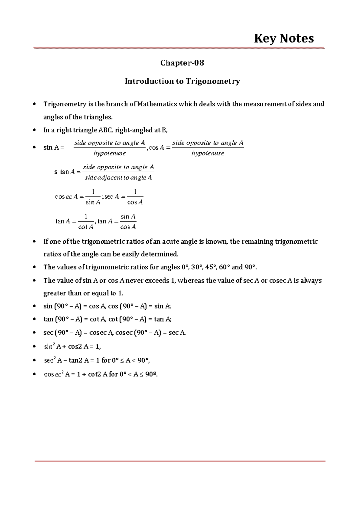 Key Notes on Trigonometry Concepts (MATH 101) - Studocu