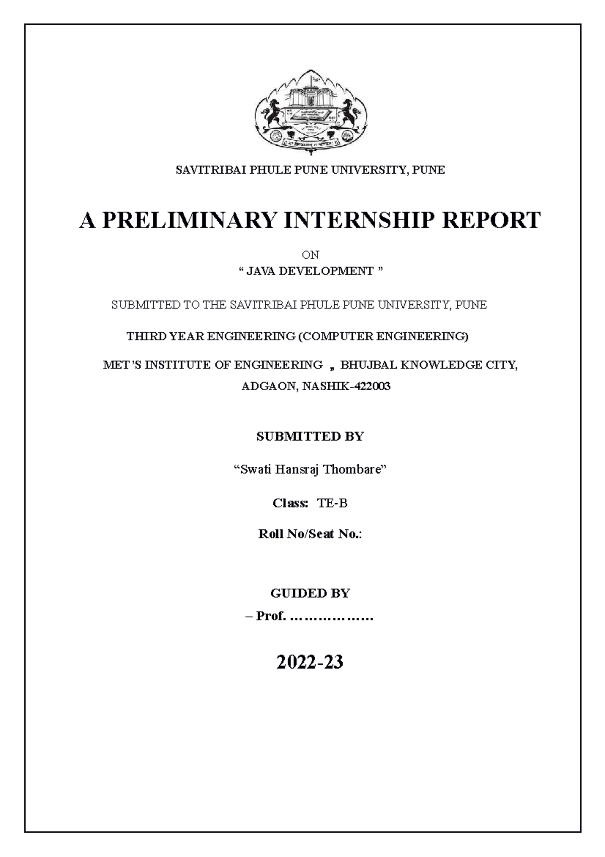 Internship Report on Java Development - TE-B CS 2022 - Studocu