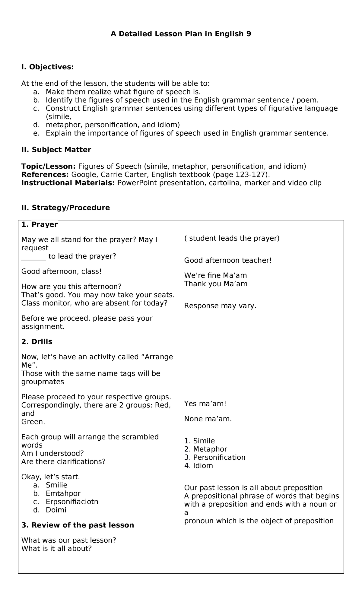 Detailed Lesson Plan on Figures of Speech in English 9 - Studocu