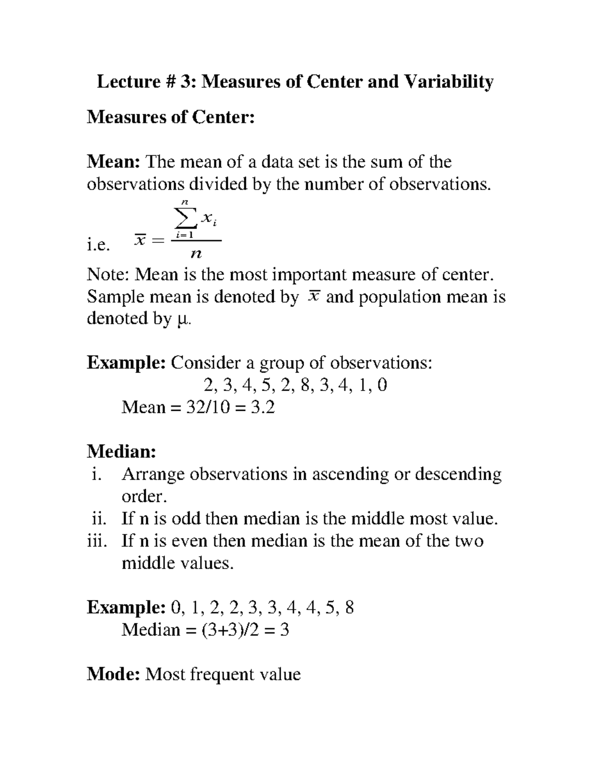 Lecture 3: Measures of Center & Variability in Statistics - Studocu