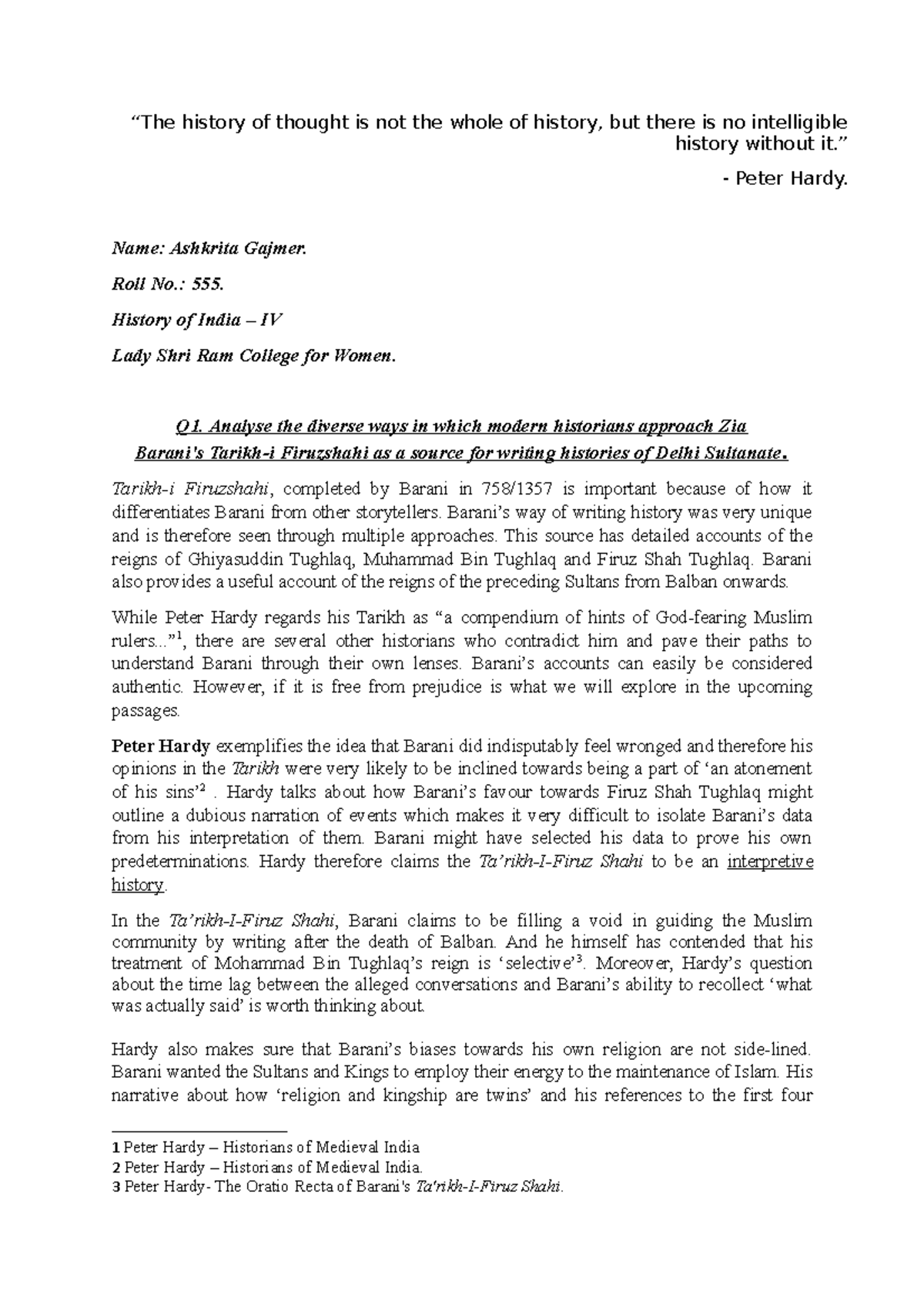 Zia Barani's Tarikh-i Firuzshahi - “The history of thought is not the ...