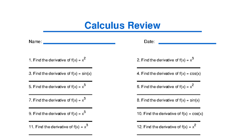 Calculus Review 10 - Derivative Practice and Answer Key - Studocu
