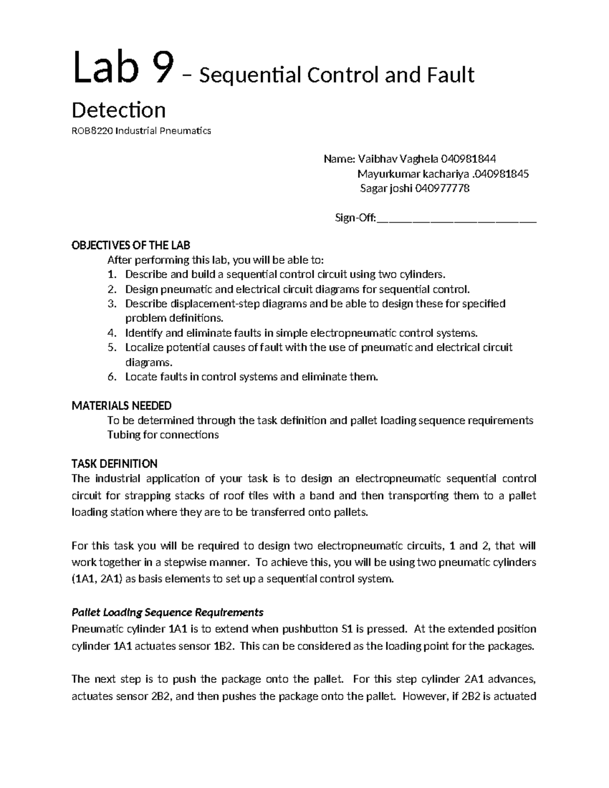 Lab 9 - Sequential Control & Fault Detection in ROB8220 Pneumatics - Studocu