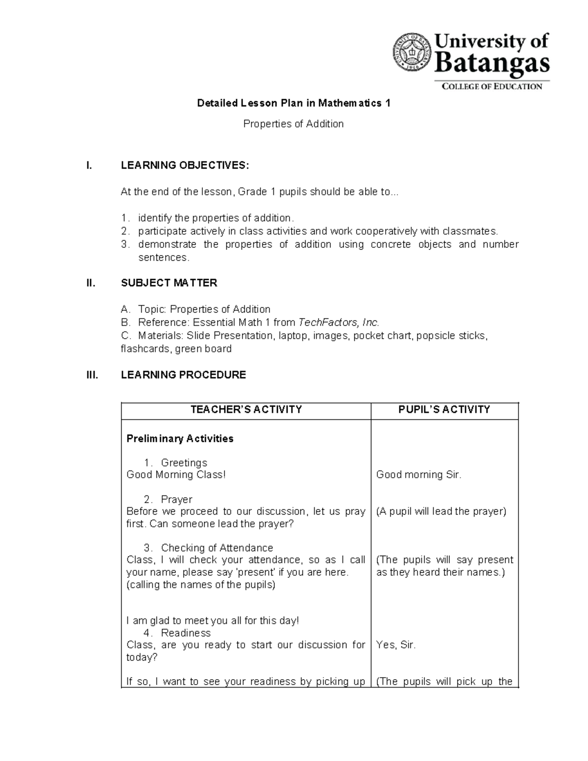 DLP Mathematics 1: Lesson Plan on Properties of Addition - Studocu