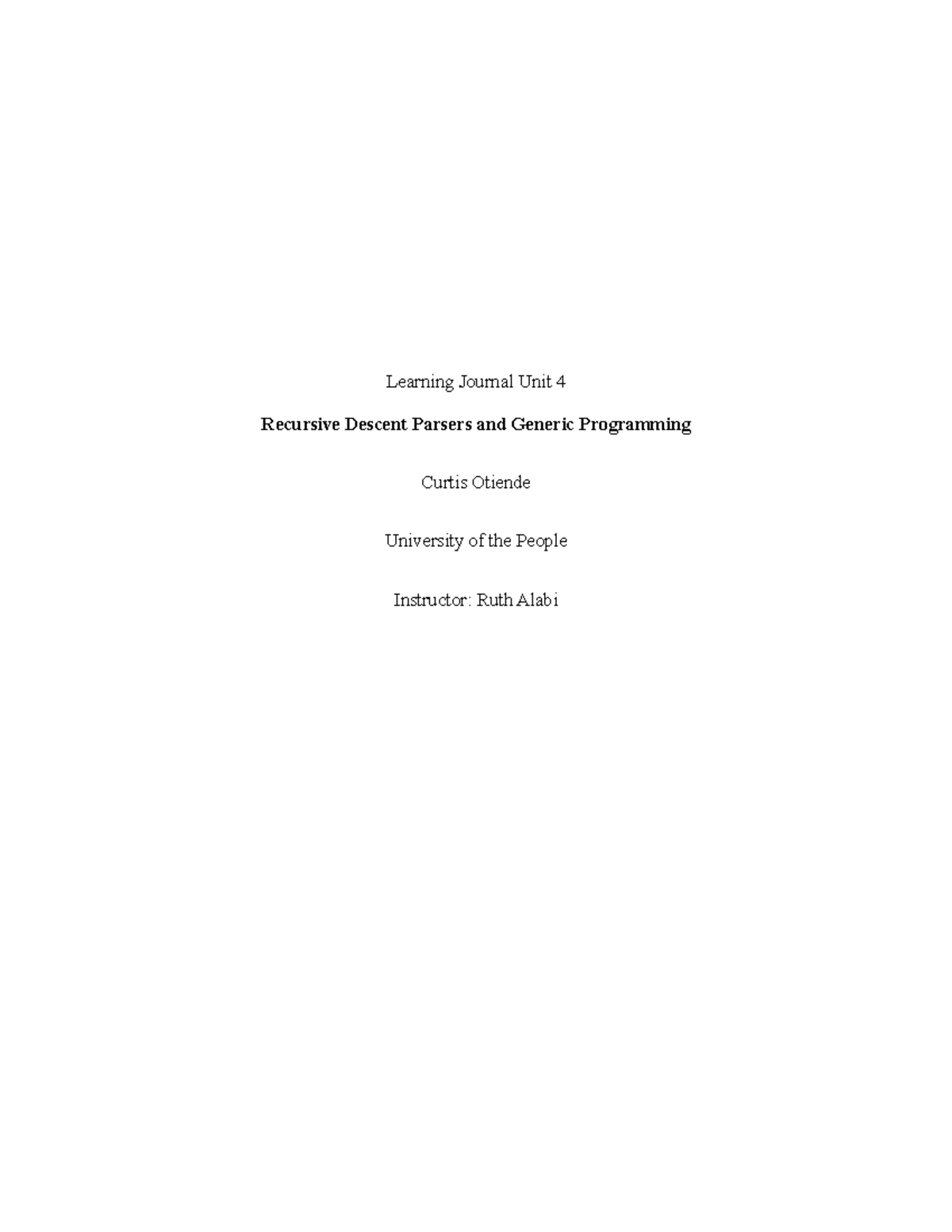 CS1103 programming 2 Learning journal unit 4 - Learning Journal Unit 4 Recursive Descent Parsers ...